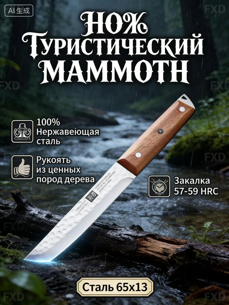 Нож туристический MAMMOTH сталь 65х13 лезвие 170 мм. Прочный нож для выживания и похода с деревянной ручкой; отличный подарок для настоящего мужчины