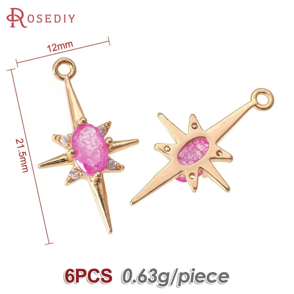 Подвески-шармы из латуни с позолотой 18K, цирконами и стеклом в форме креста и 56994-Crack Magenta