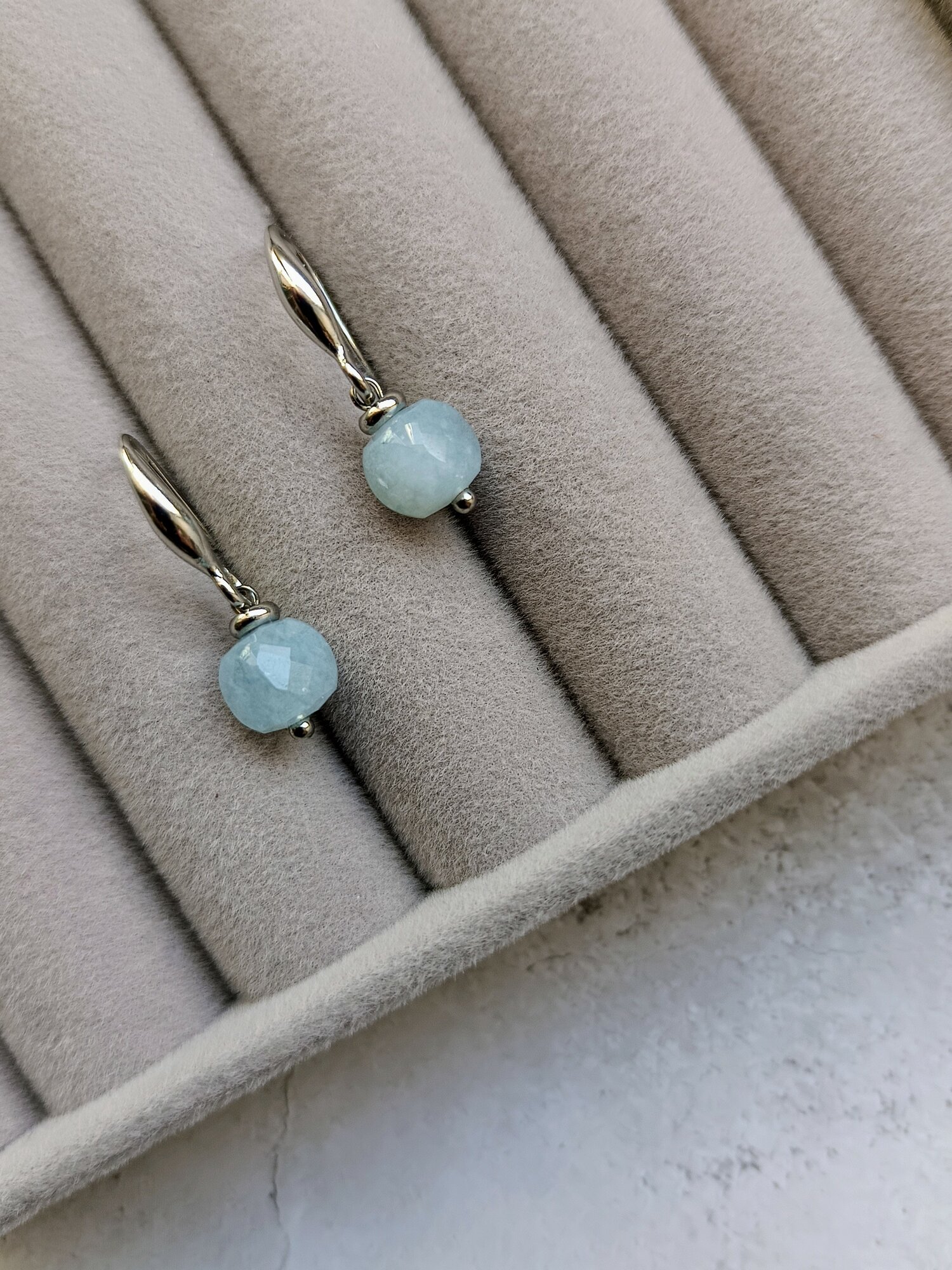 Серьги двусторонние, с подвесками, аквамарин