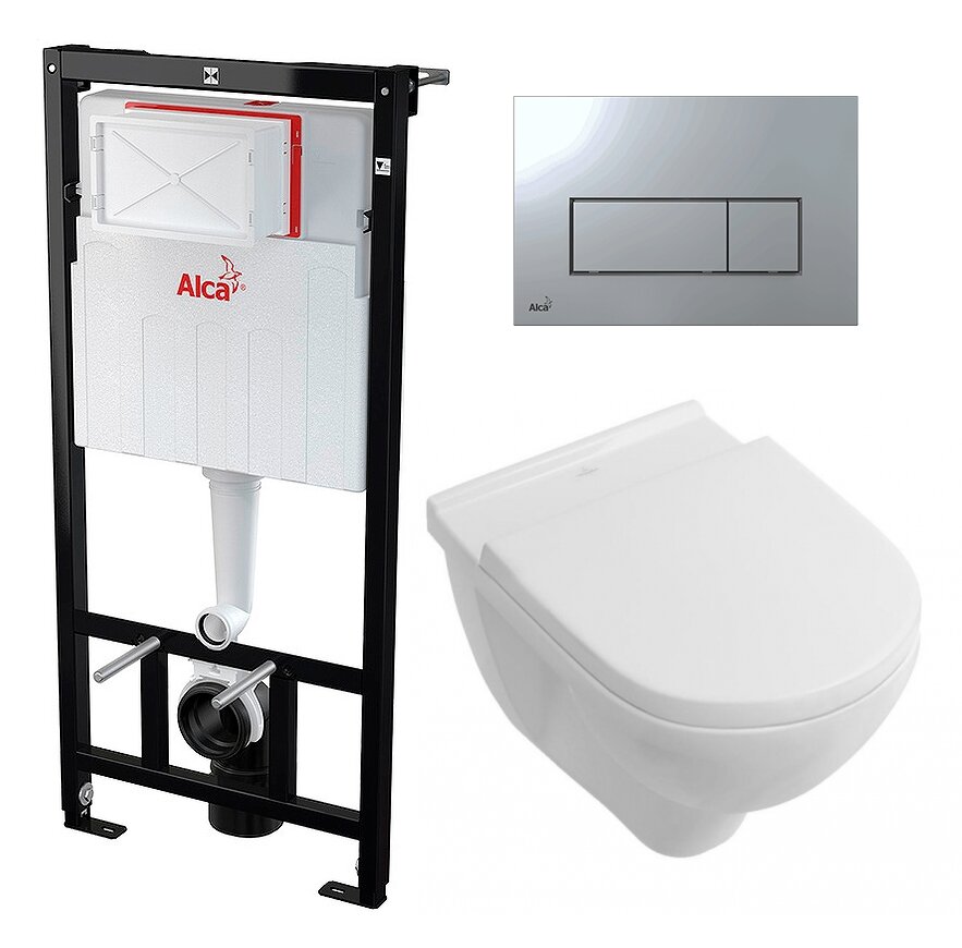 Комплект 3 в 1 инсталляция AlcaPlast + Унитаз подвесной Villeroy & Boch O Novo Directflush + кнопка хром