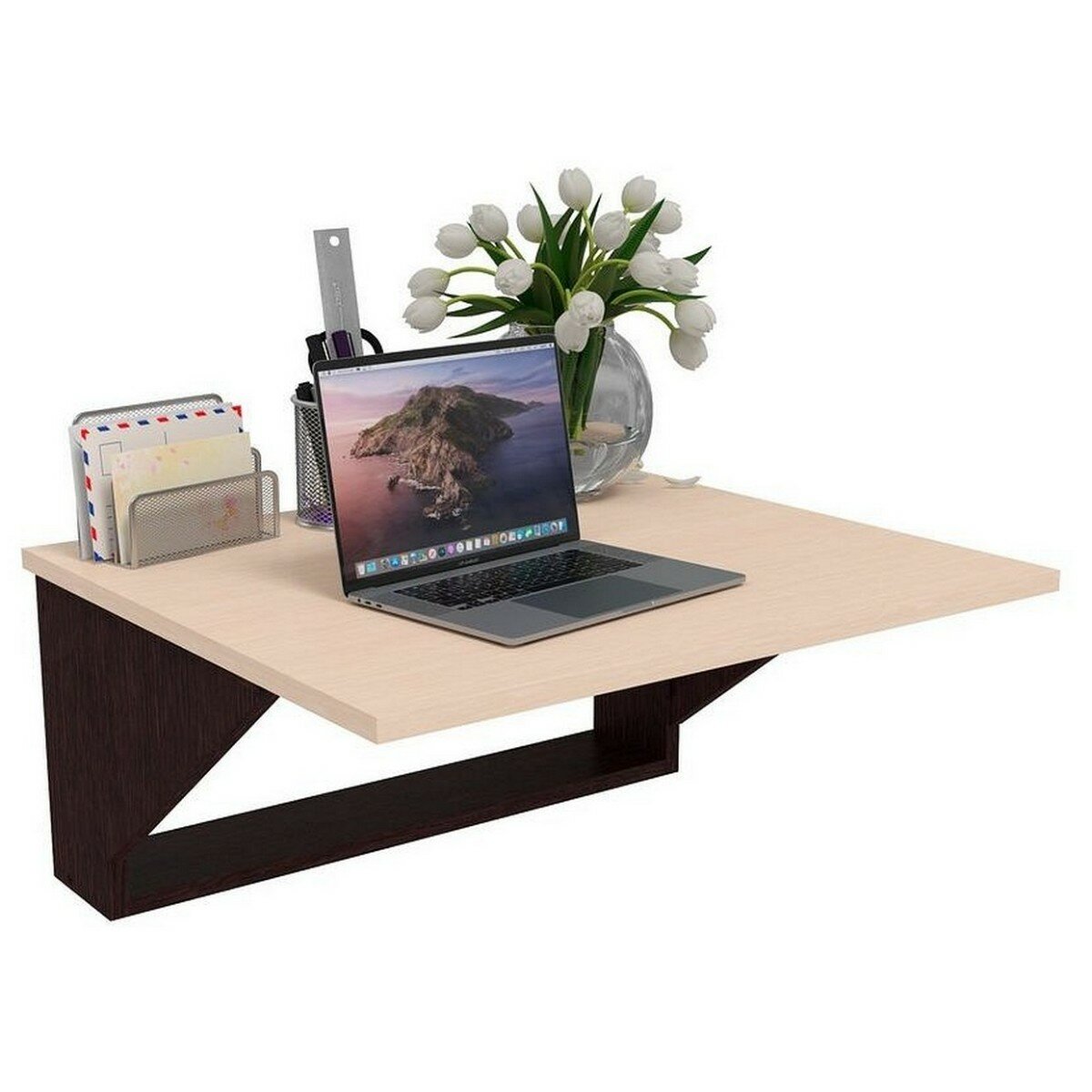 Столик откидной складной настенный HESBY Amazing Assistant для ноутбука, для спальни, на балкон, на кухню. Габариты: 60х53х28 см. Цвет: дуб молочный / венге