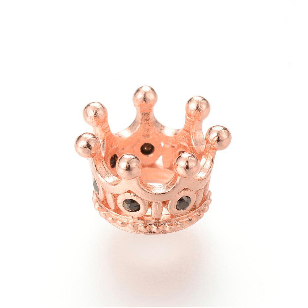 Бусина металлическая 11х7мм, Milano, Корона, базовый материал - латунь, с черными фианитами, под розовое золото, 1 шт.