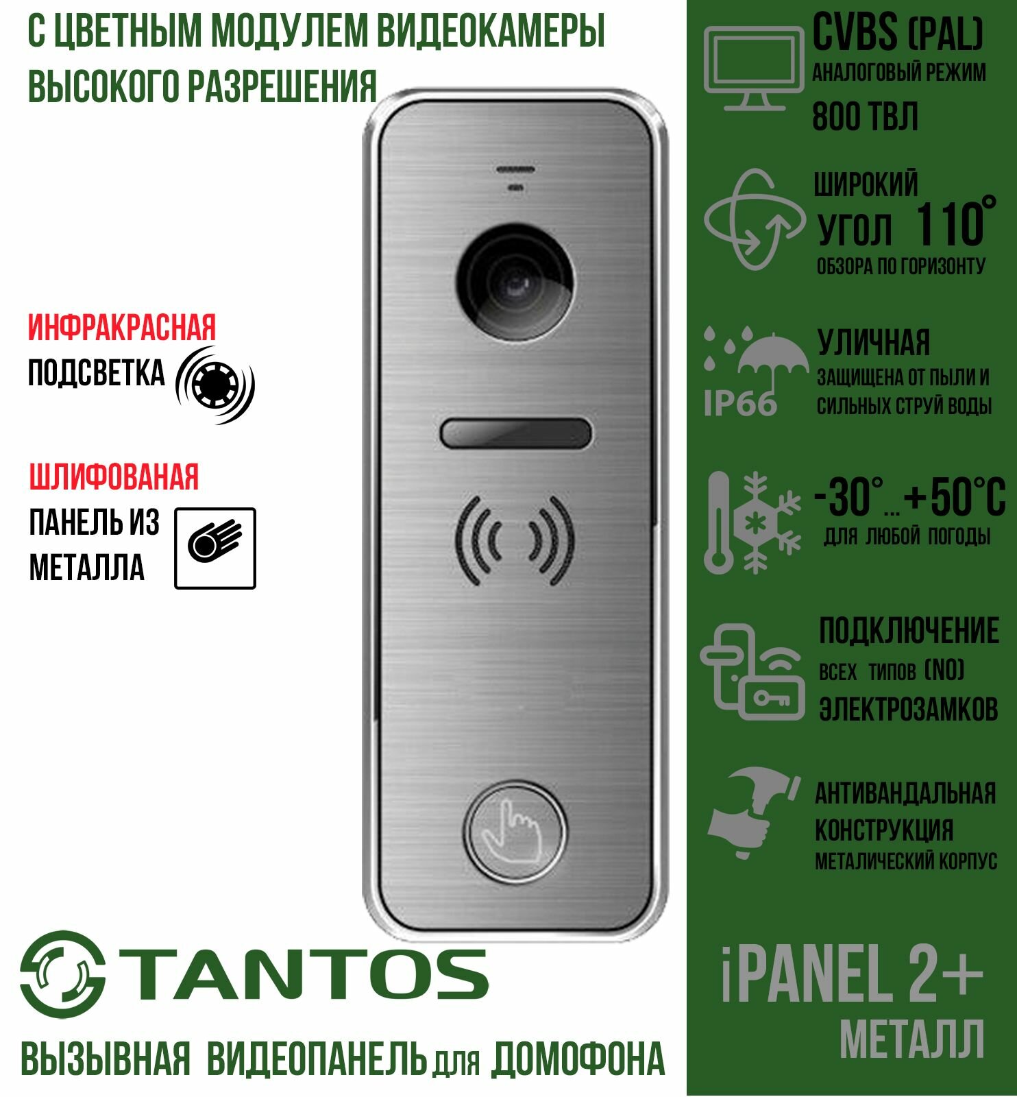 Вызывная видеопанель аналогового сигнала Tantos iPanel 2+ Metal ИК-подсветка, с широким углом обзора