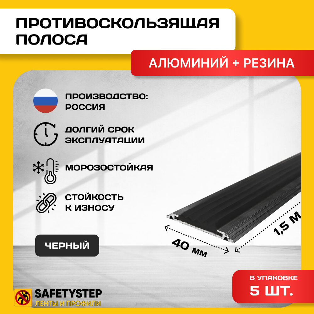 Алюминиевая Полоса-порог Евро 40 мм/5 мм с черной резиновой вставкой, длина 1.5 метра, 5 штук, накладка на порог, порог алюминиевый плоский