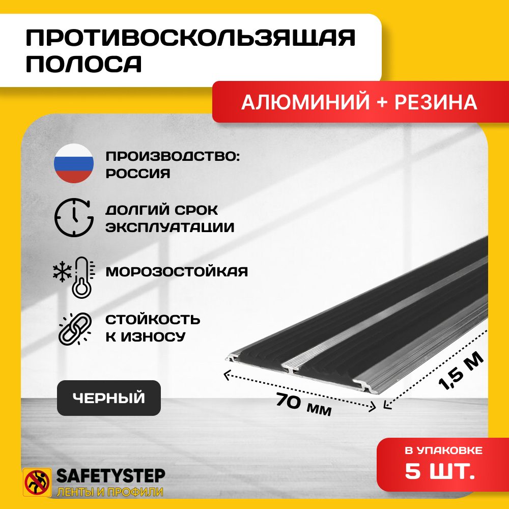 Алюминиевая Полоса-порог Евро 70 мм/5 мм с 2 черными резиновыми вставками, длина 1.5 метра, 5 штук, накладка на порог, порог алюминиевый прямой