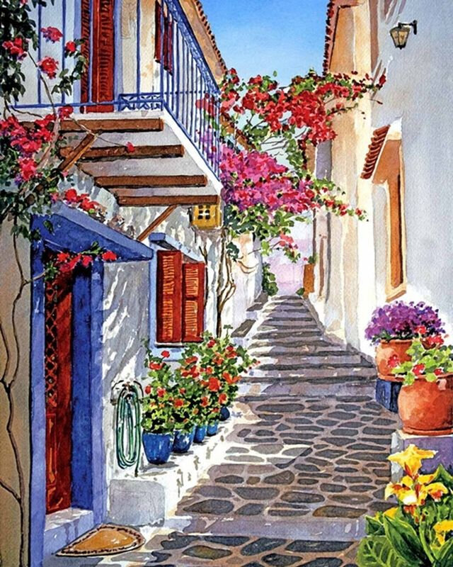 Алмазная мозаика на подрамнике 40х50 полная выкладка круглые стразы "Узкие улочки греции Городской пейзаж"