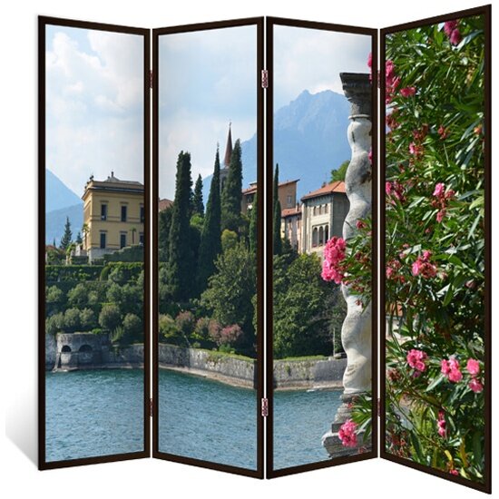 Ширма перегородка Декор Депо для комнаты деревянная "Озеро Гарда" двухсторонняя с картинкой (города) 4 створки венге 176х185 см 14 кг