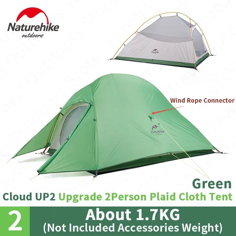 Палатка для кемпинга Naturehike Cloud Up 2 Upgrade 20D/210T Туристическая ультralегкая двуместная палатка с тентой Складная палатка для рыбалки на открытом воздухе NH17T001-T-UP2 210T Зеленая