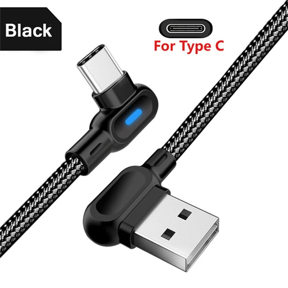 Кабель Micro USB Type-C с углом 90 градусов длиной 25 см, светодиодные кабели для быстрой зарядки для Samsung, Xiaomi, Huawei, OPPO, провод для Android, зарядное устройство USB Type-C Black Type-C