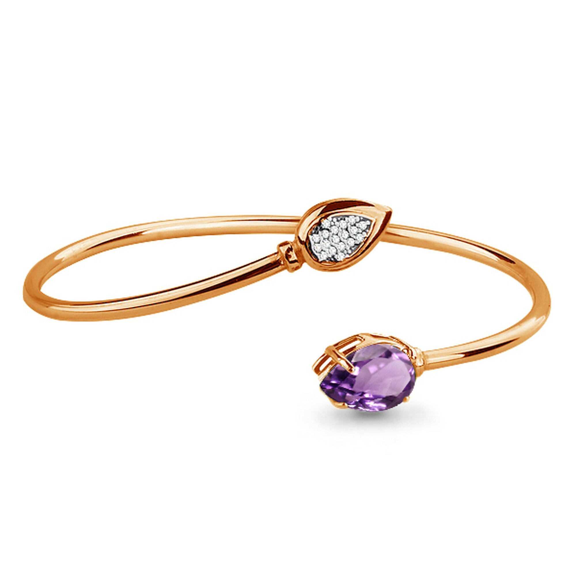 Жесткий браслет, серебро, 925 проба, золочение, аметист, фианит