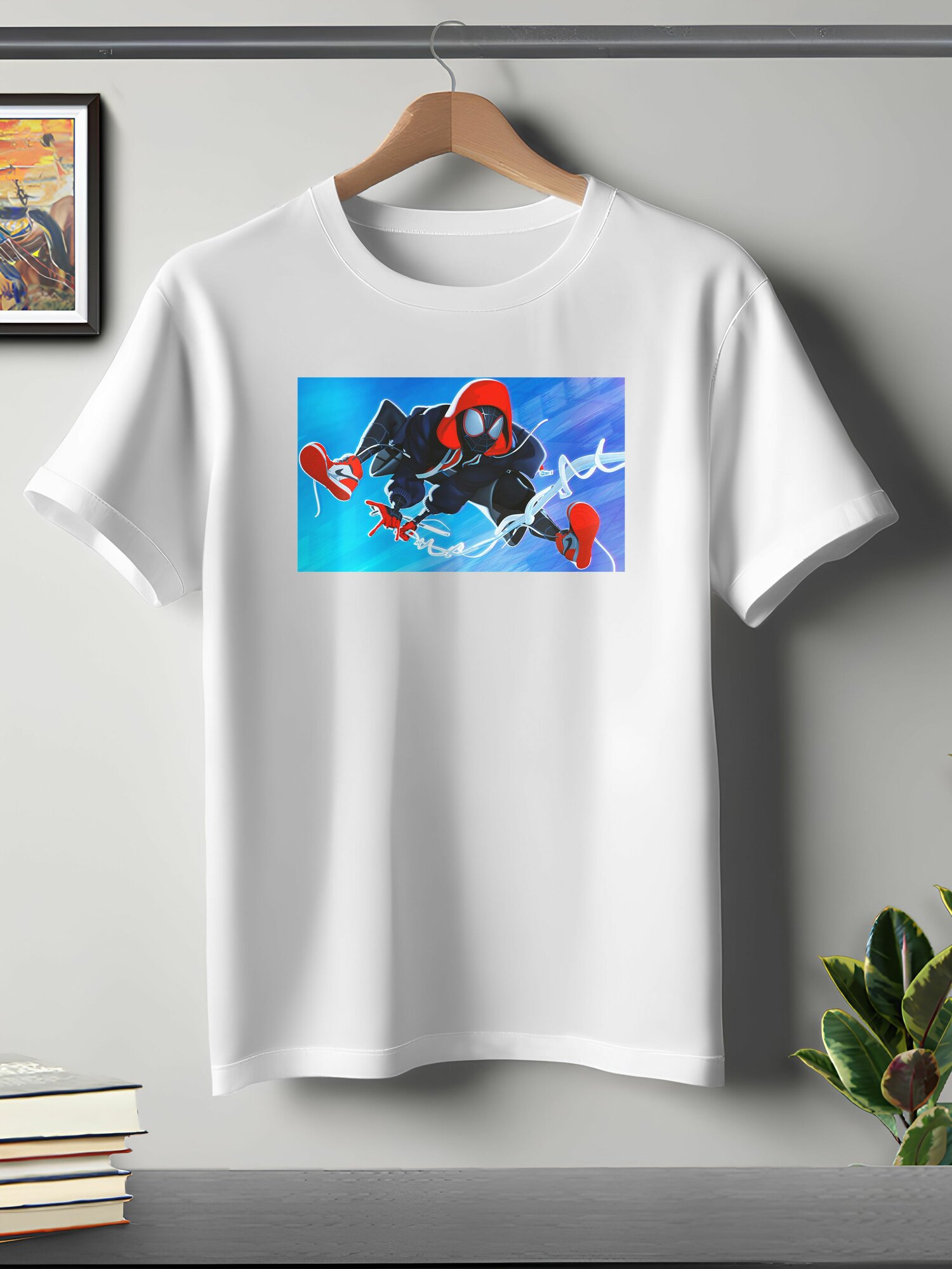 Футболка  Детская ONEQ 152 (12-13) размер с принтом Человек Паук Майлз Моралес, белая