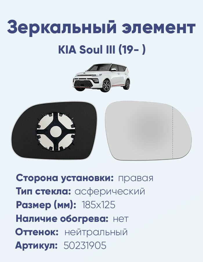 Зеркальный элемент правый KIA Soul III (19- ) асферика нейтральный без обогрева