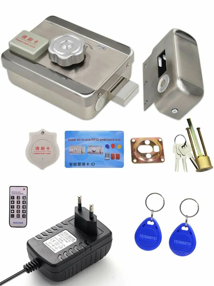 Моторизированный /электромеханический замок накладной из нержавеющей стали с встроенным контроллером и считывателями Em-Marine, блок питания 12в 2А с разъемом мама, 2 брелоков RFID