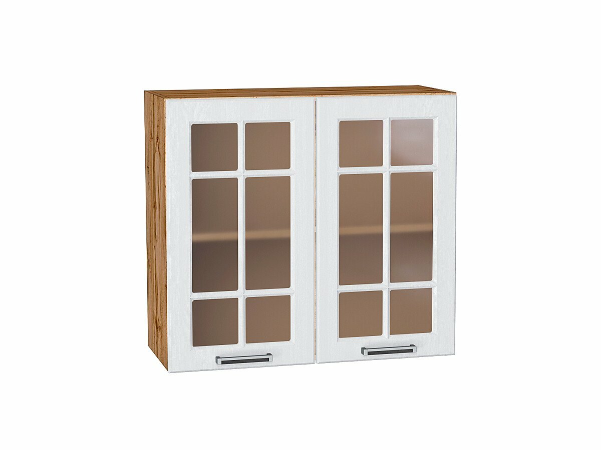 Шкаф верхний с 2-мя остекленными дверцами Прага, цвет фасада Белое дерево, цвет каркаса Дуб Вотан, стекло Сатинато белое, 716*800*318 мм
