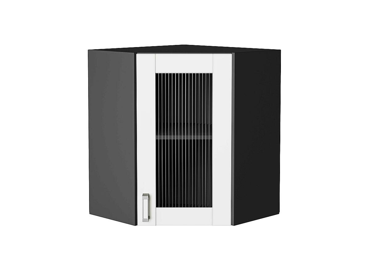 Шкаф верхний угловой остекленный Лофт, цвет фасада White Silk, цвет каркаса Graphite, стекло Magic Moru V, 716*600*600 мм