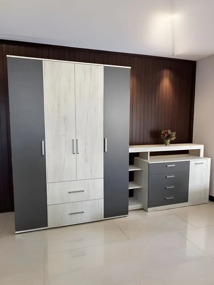 Шкаф Фиеста NEW+Комод Ангара 3м 20 см Графит / Дуб Крафт Белый