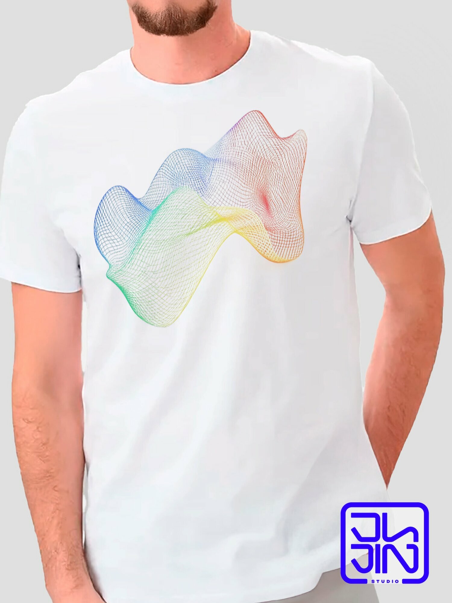 Футболка классическая мужская с авторским принтом Абстрактная радужная волна с белым фоном, геометрическая градиентная абстракция, белый хлопковый трикотаж с прикольным рисунком на груди