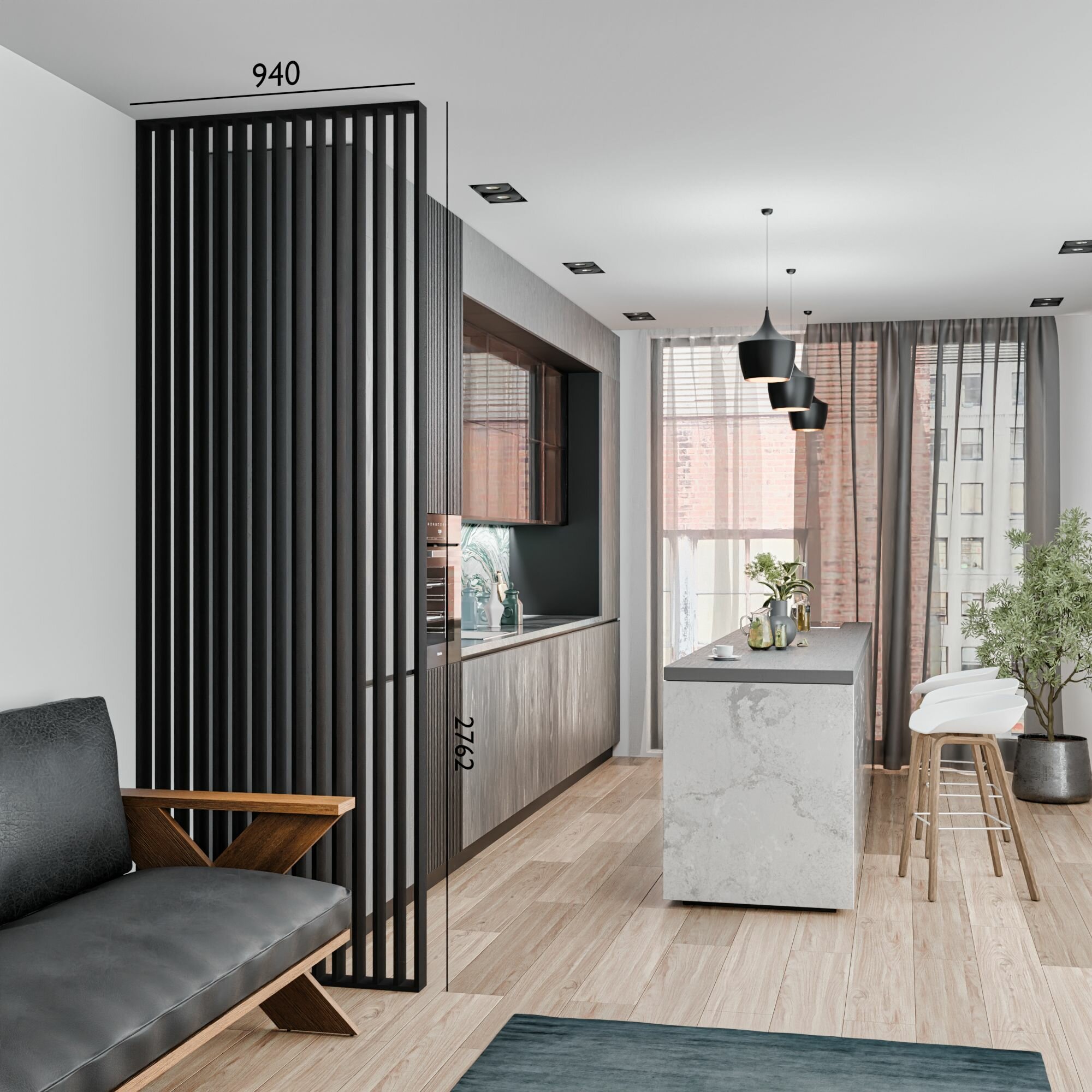 Реечная перегородка для зонирования 940 мм, 16х80мм, черный, рейки клуб