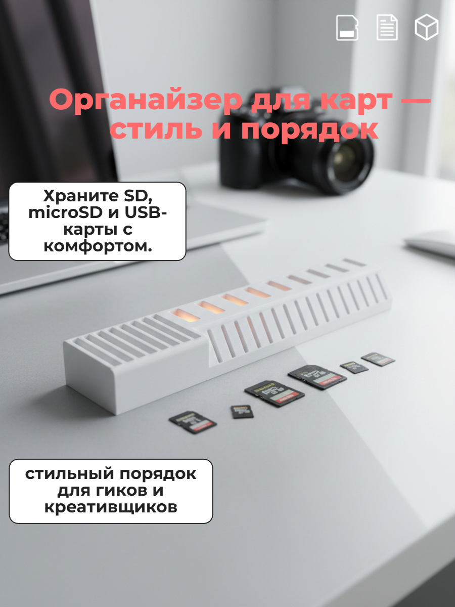 Настольный органайзер для USB-флешек, SD- и microSD-карт, пластик, белый, 150х30 мм