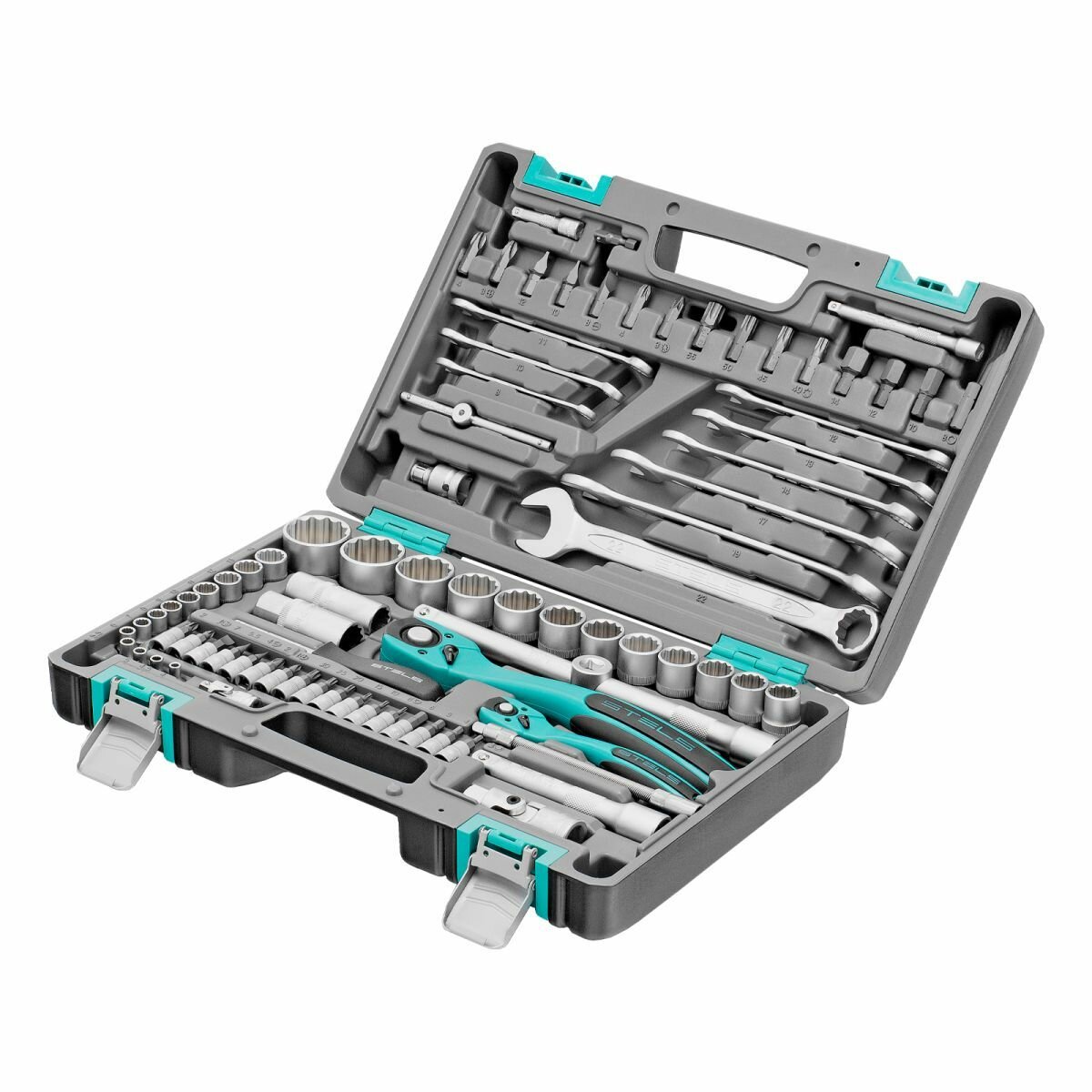 Набор инструментов 1/2, 1/4, CrV, 12 гранные головки, пластиковый кейс, 82 предмета