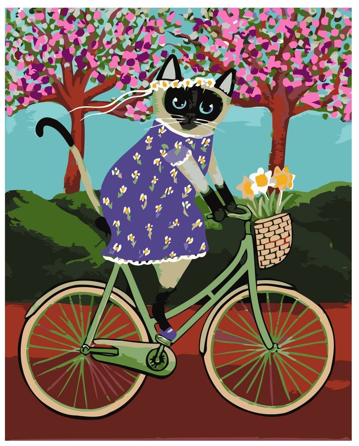 Картина по номерам, "Живопись по номерам", 80 x 100, A447, кошка на велосипеде, цветы, весна, деревья, венок на голове, платье