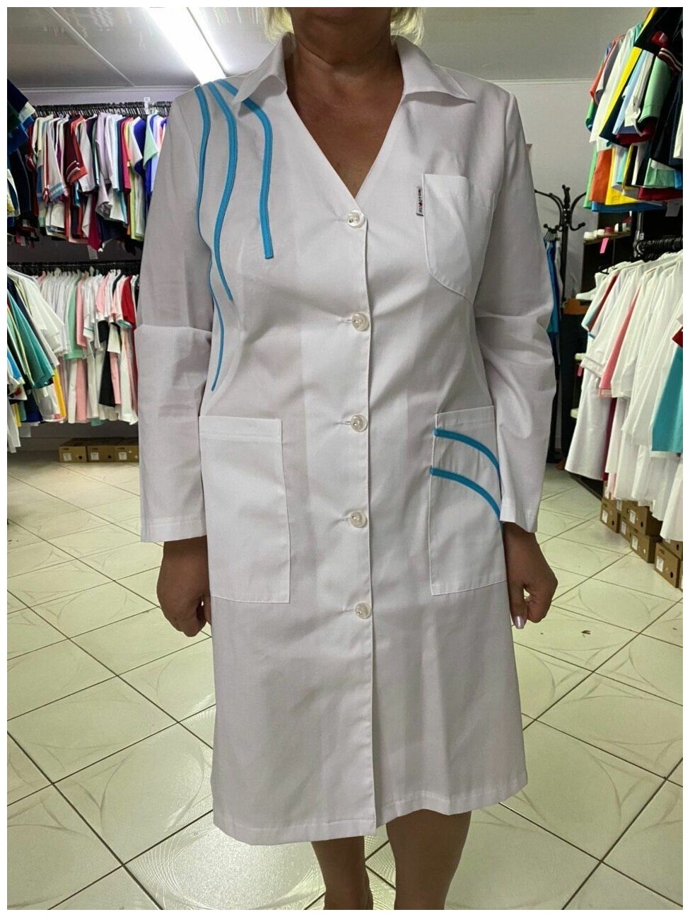 Халат Римма (бел/бирюза)длинный рукав