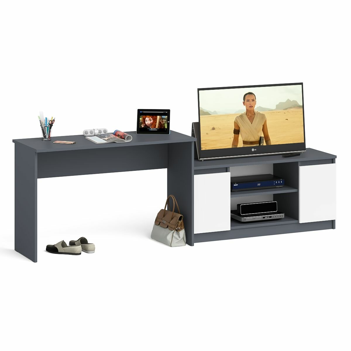 Стол письменный с тумбой СВК Мори МТВ1200 цвет графит/белый, 240,8х50х76,6 см.