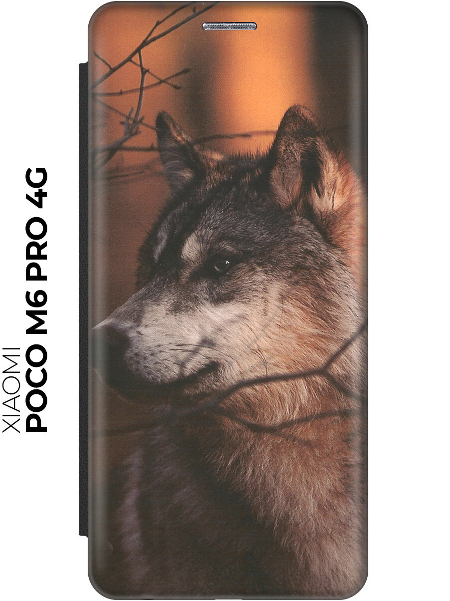 Чехол-книжка на Xiaomi Redmi Note 13 Pro 4G / Poco M6 Pro 4G / Сяоми Редми Ноут 13 Про 4г / Поко М6 Про 4г с рисунком "Красивый волк" черный