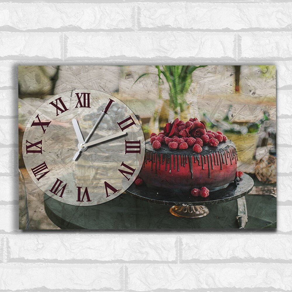 Настенные бесшумные часы ОСБ со смещенным циферблатом Еда торты (Ягоды, милота, Подарок для мамы, бабушки сестры, подруге) - 2620