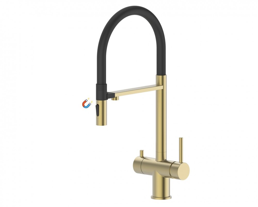 Смеситель для кухни Vieir V15019-S матовое золото с подключением к фильтру, поворотный гибкий излив