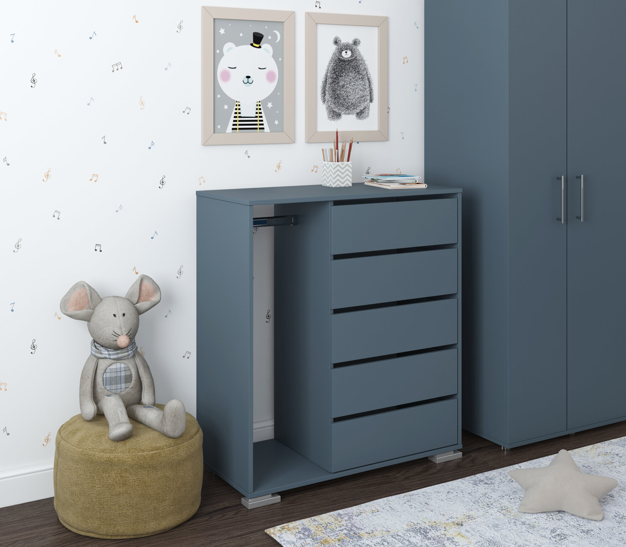 Шкаф, комод, шкаф-комод с ящиками, со штангой Есэндвич Лаворо, 90x43х102 см, правый (Маренго)