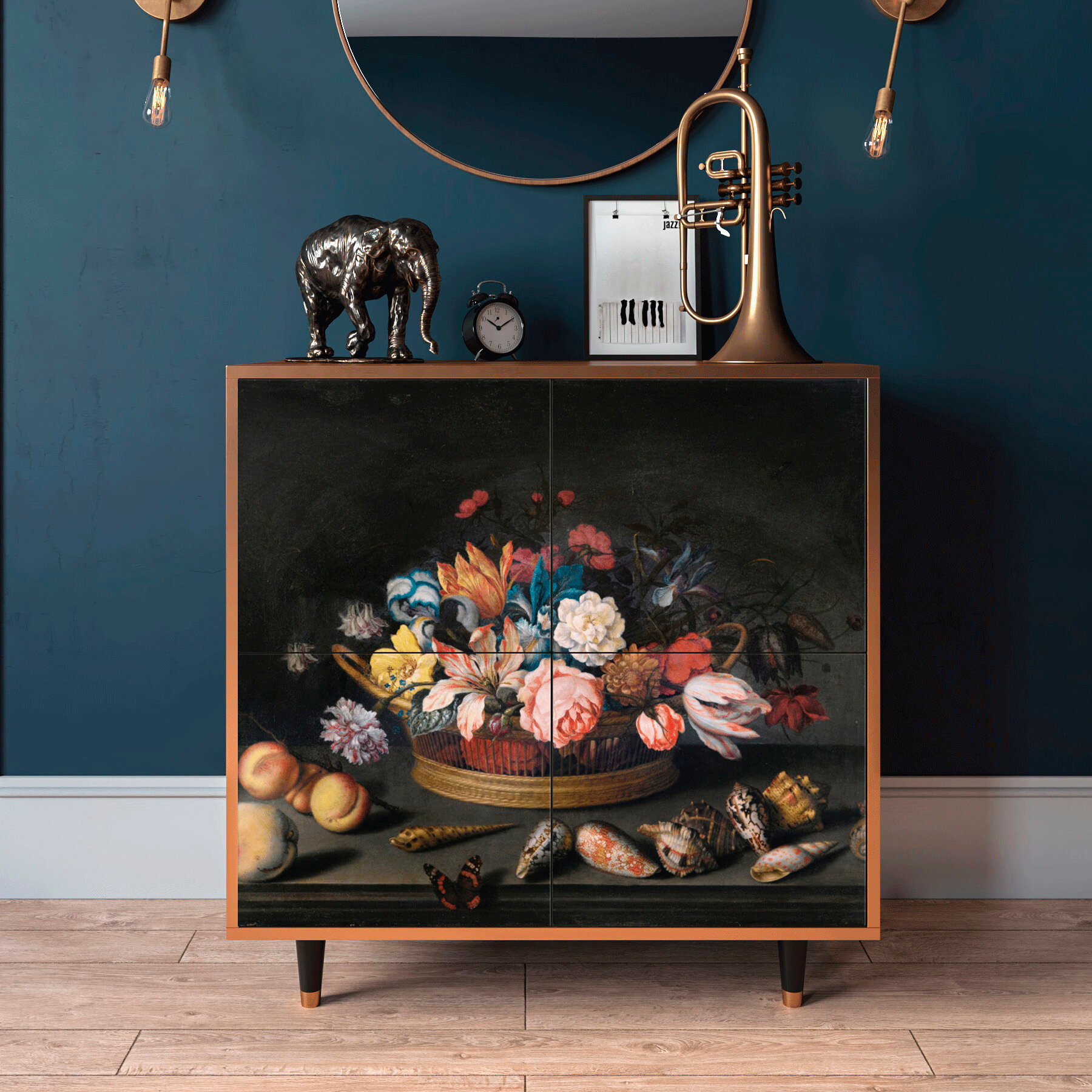 Комод - STORYZ - BS3 Still Life with Flowers and Shells by Balthasar van der Ast, Размер - 94 x 96 x 48 см, Цвет корпуса - Орех