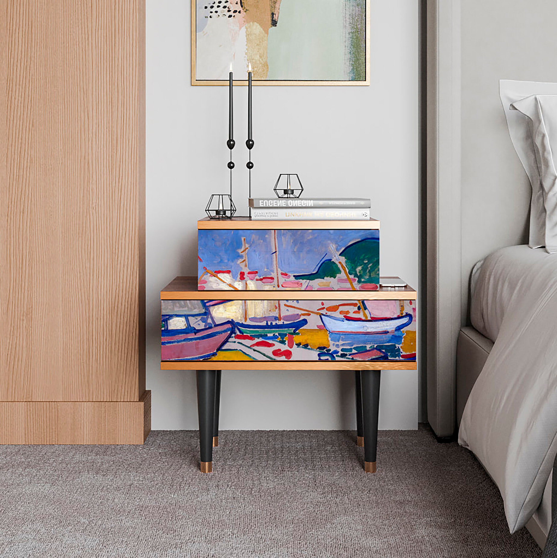 Прикроватная тумба - STORYZ - NS1 The Port of Collioure by Andre Derain , Размер - 58 x 58 x 41 см, Цвет корпуса - , Орех