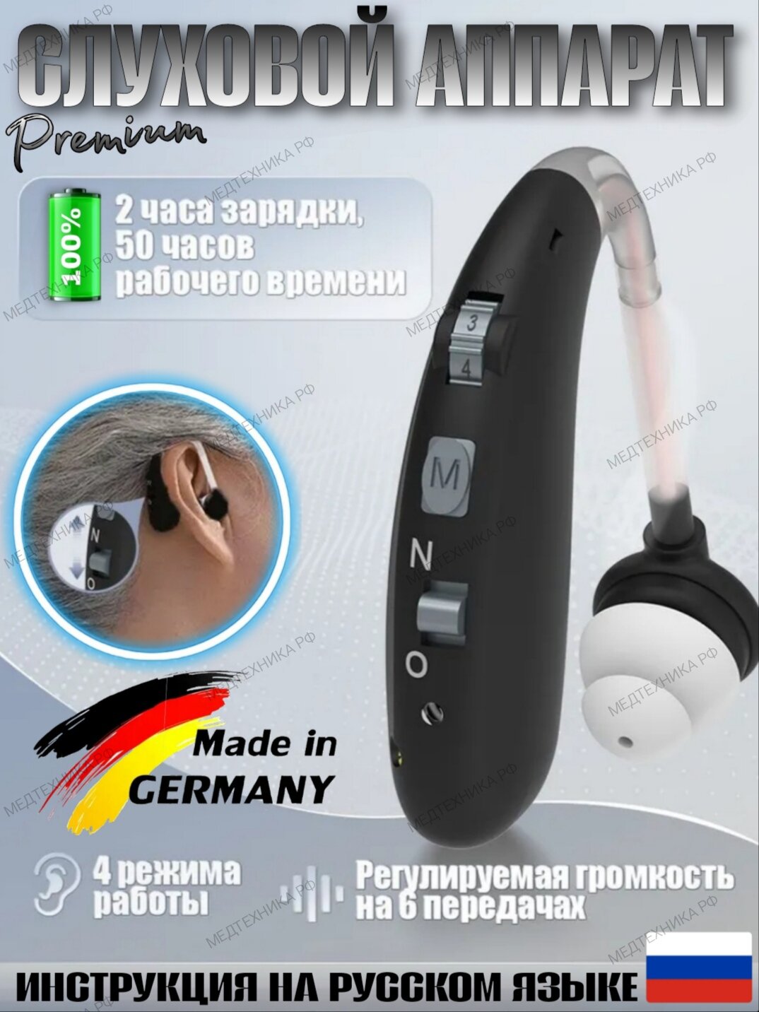 Слуховой аппарат для пожилых людей заушного типа с зарядкой аккумуляторный производство Германия