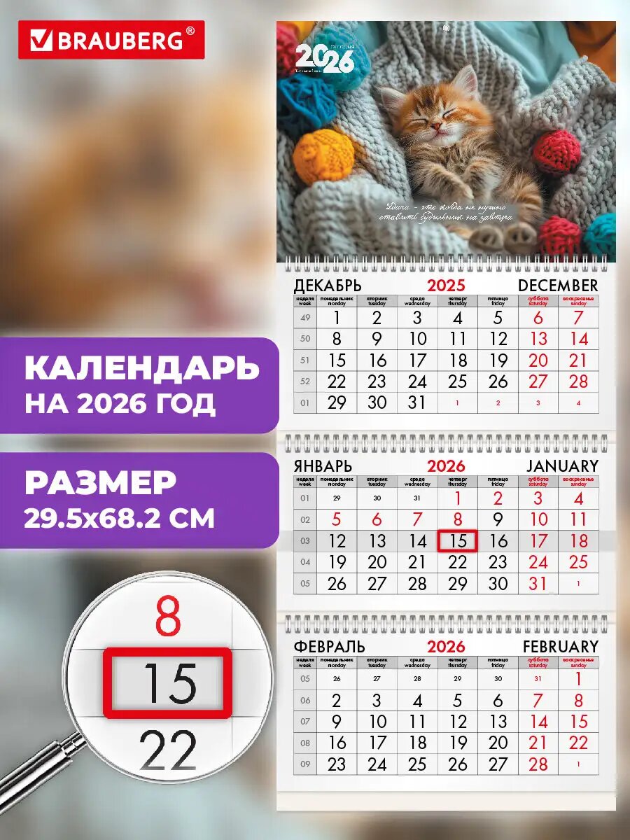 Календарь настенный на 2026 год квартальный перекидной, 3 блока с бегунком, мелованная бумага, Brauberg Котенок, 116805