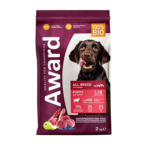 От 1 месяца, беременных и кормящих собак всех пород Ягненок индейка яблоко черника 2 кг сухой корм авард для щенков