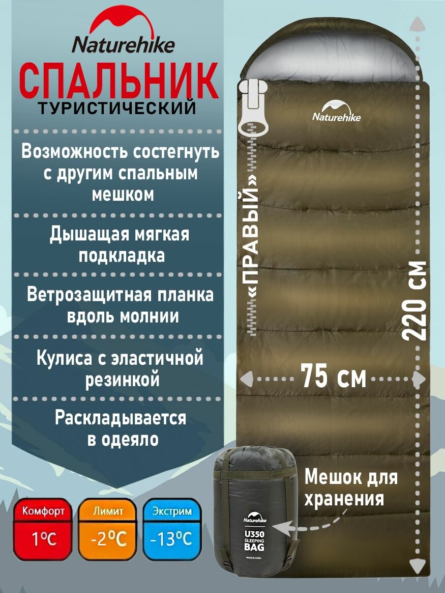 Туристический спальный мешок, спальник, Naturehike U350 с капюшоном, хаки, теплый , NH20MSD07, 767238