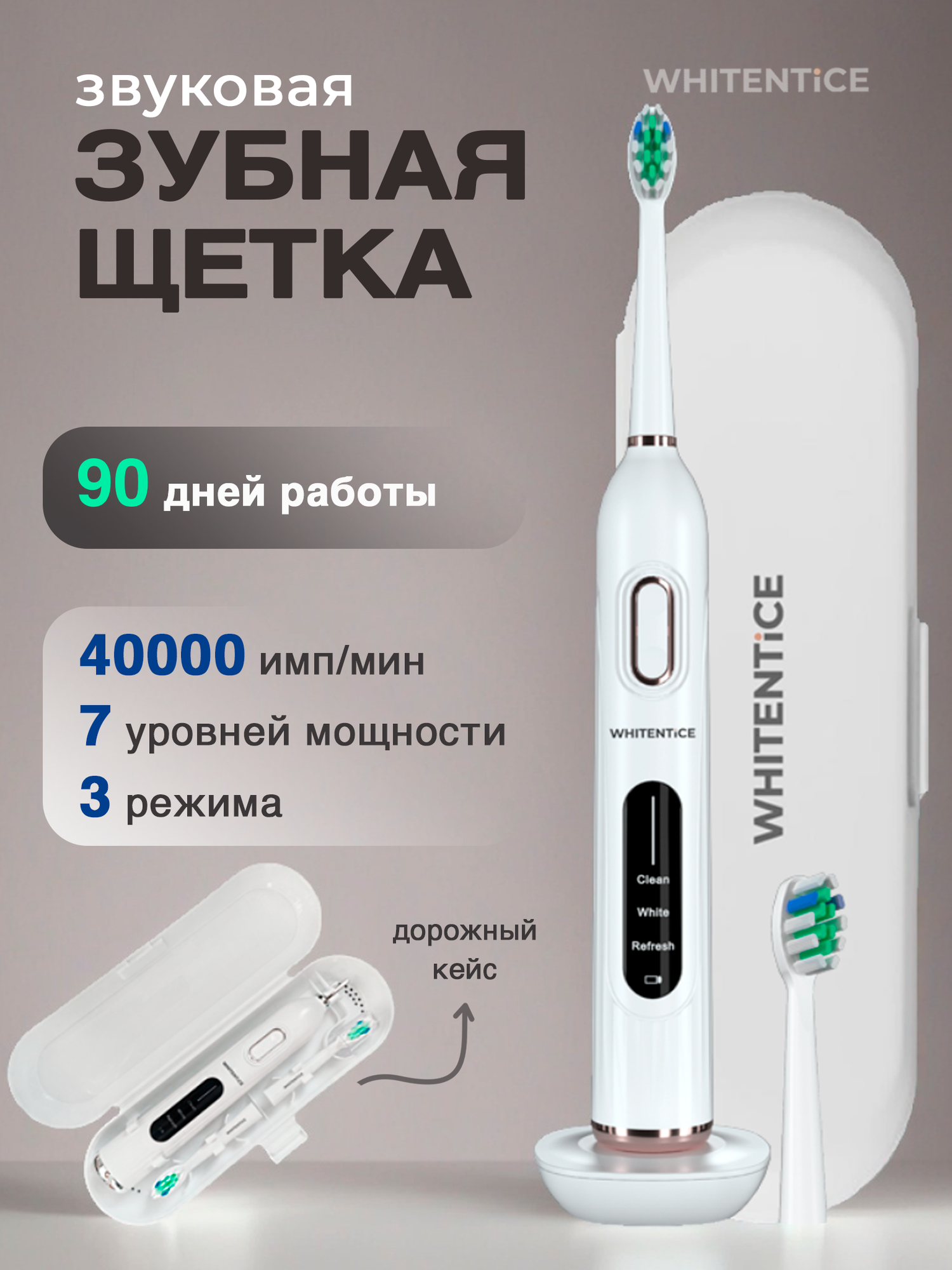 Электрическая звуковая зубная щетка, с дорожным чехлом, белая