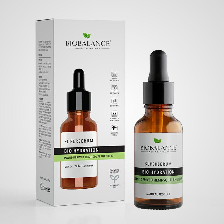 Сухое масло для кожи и волос 30 мл BIOBALANCE SUPER SERUM BIO HYDRATION PLANT-DERIVED HEMI-SQUALANE 100% DRY OIL Масло 30 мл