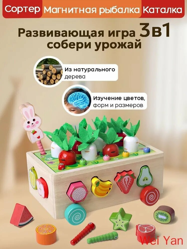 Сортер деревянный для малышей, Магнитная рыбалка с червячками & изучайте фрукты. игровой набор по системе Монтессори для детей/ развивающие игрушки до года
