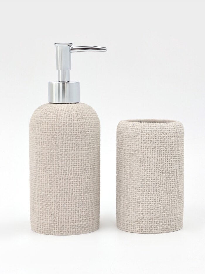 Набор для ванной «Плетение», 2 предмета, дозатор для мыла, стакан, бежевый
