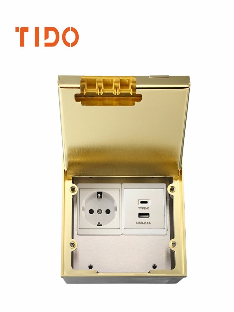 Розетки в пол (люк в пол), Люк под паркет и керамогранит на 1 розетки + 1 USB-C TYPE (в комплекте), Сталь, Золотой