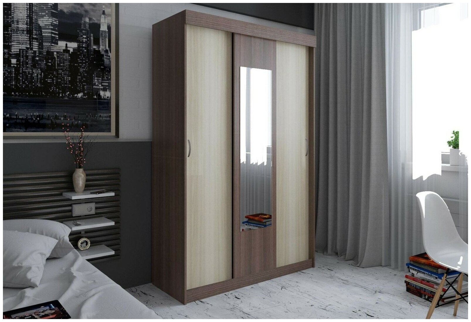 Шкаф купе, для одежды Бася 3, МФ-Купе, 220х45х220, белье/платье, с зеркалом, цвет ясень шимо светлый/темный