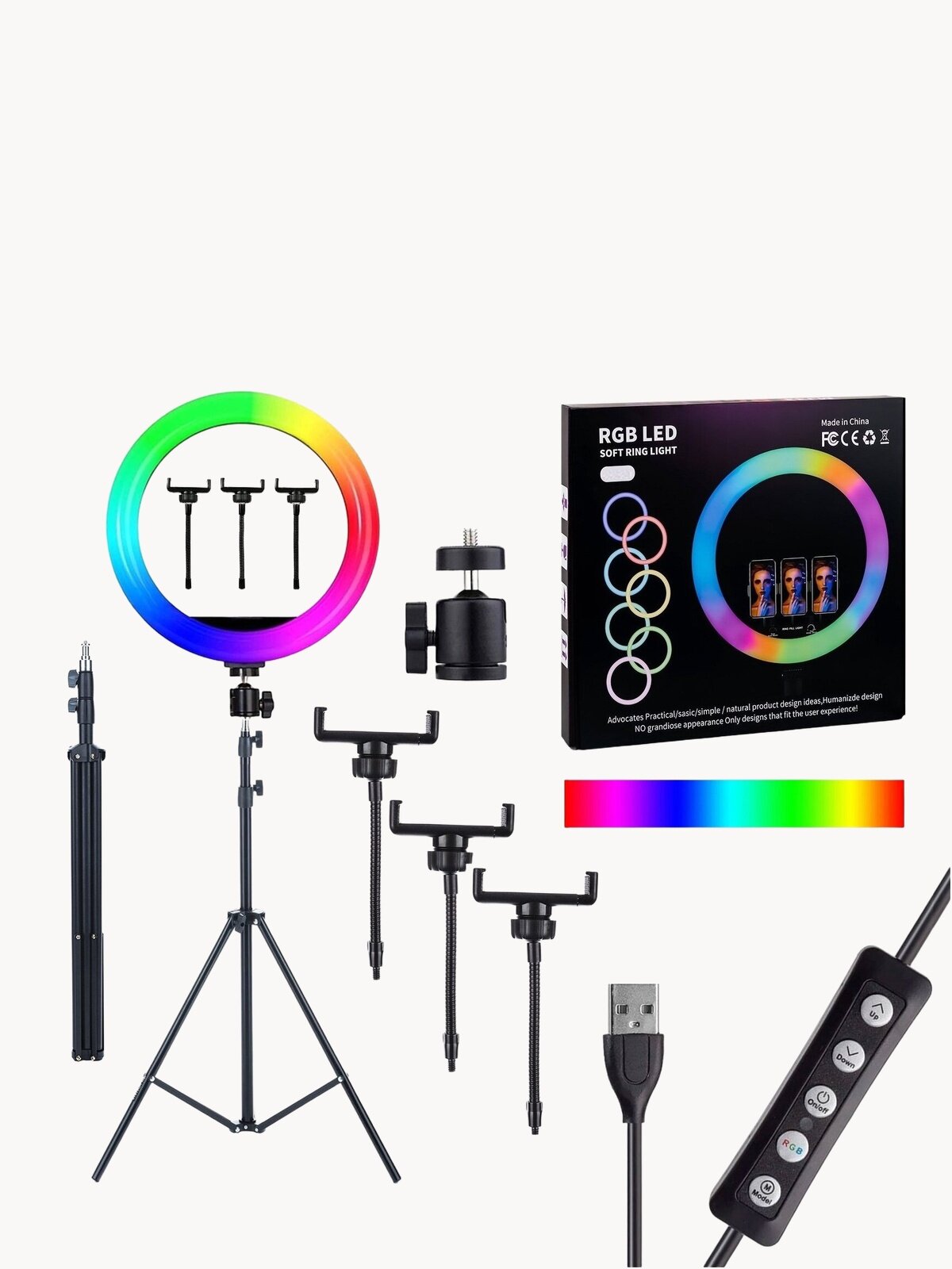Кольцевая лампа 36 см RGB + штатив 2 м + пульт + 3 держателя для телефона "Селфи кольцо RGB LED SOFT RING LIGHT MJ36"