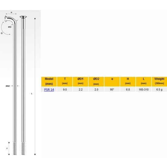 Спица Pillar PSR 14, 2,0мм 14GX258 мм, серебристая