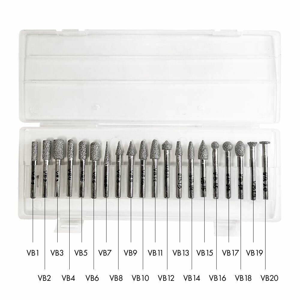 Алмазные фрезы VB для камня, комплект из 20 шт (формы в ассортименте), хвостовик 6 мм