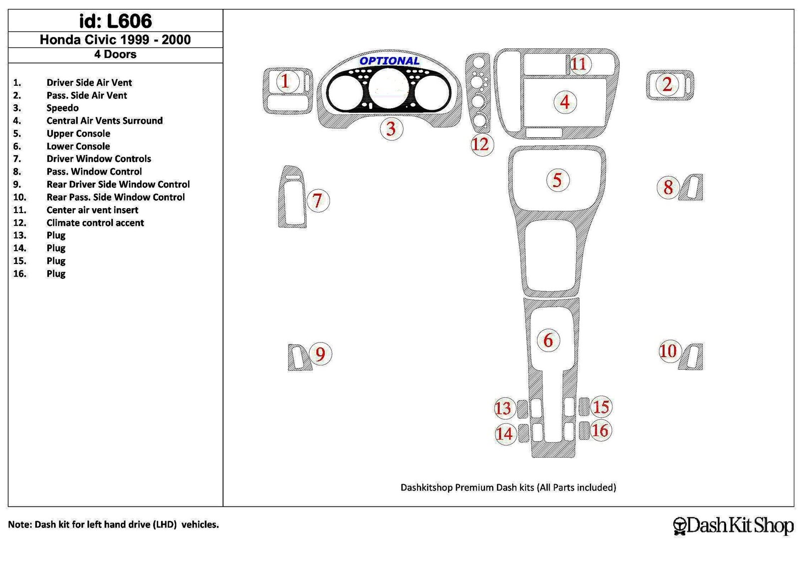 Накладки салона под дерево, карбон, алюминий для Honda Civic 1999-2000. Комплект L606.
