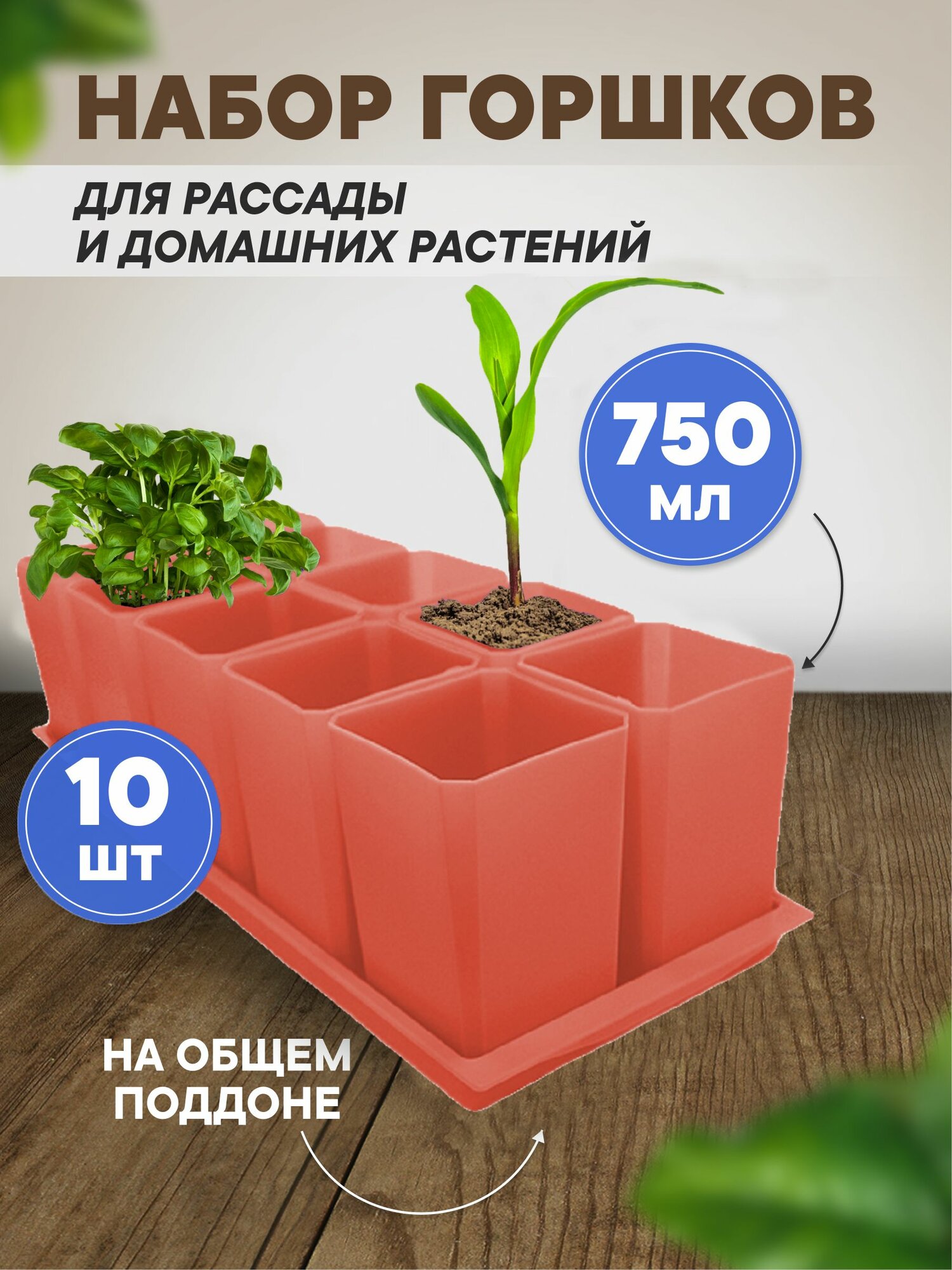 Горшки для рассады и цветов, набор из 10 горшков по 750 мл и поддона, Терракот
