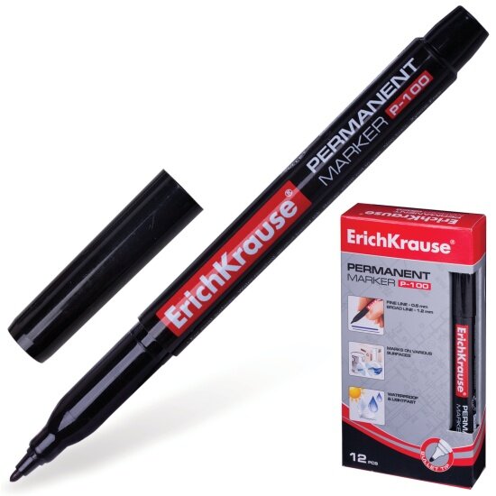 Маркер перманентный Erich Krause "P-100", черный, круглый наконечник, 0,5-1,2 мм, 12841