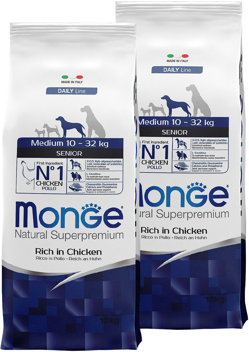 Корм сухой Monge Dog Medium Senior Chicken для пожилых собак средних пород, курица, 12 кг 2 шт